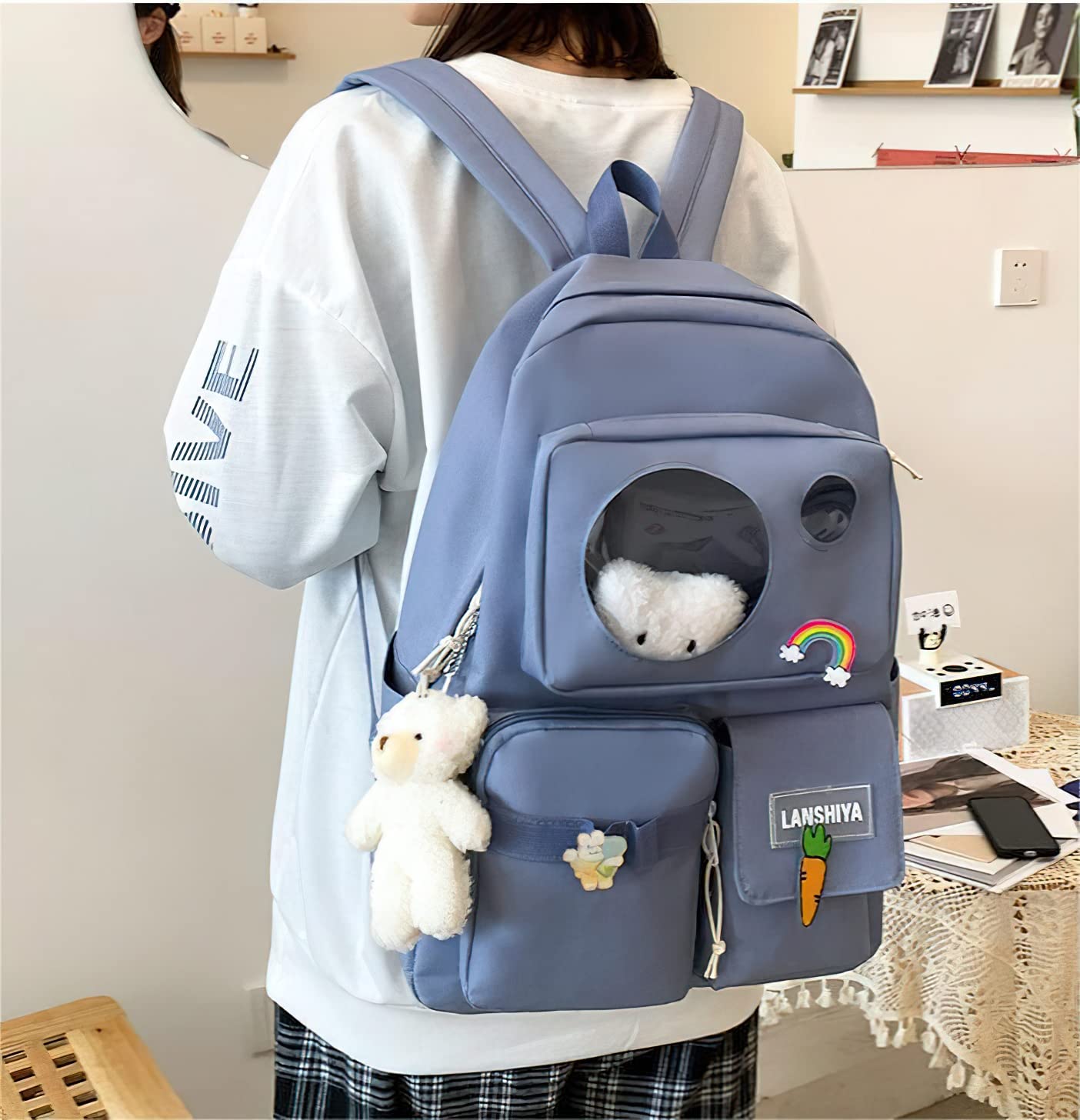 LaurelTree Kawaii Aesthetic Cute 5pcs School Bags Set with Accessories School Suppliers for Teens Girls Backpack Tote Bag (Pink)