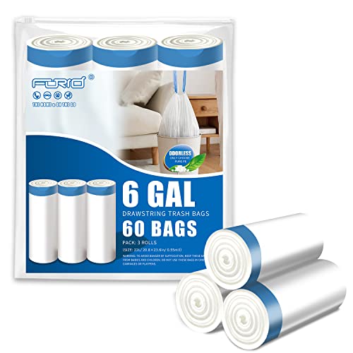 FORID Small Drawstring Garbage Bags - 6 Gallon Plastic Trash Bags Heavy Duty White Trash Can Liners 60 Count Unscented Bin Bags for Kitchen Bathroom Office Home Bedroom 22 Liter