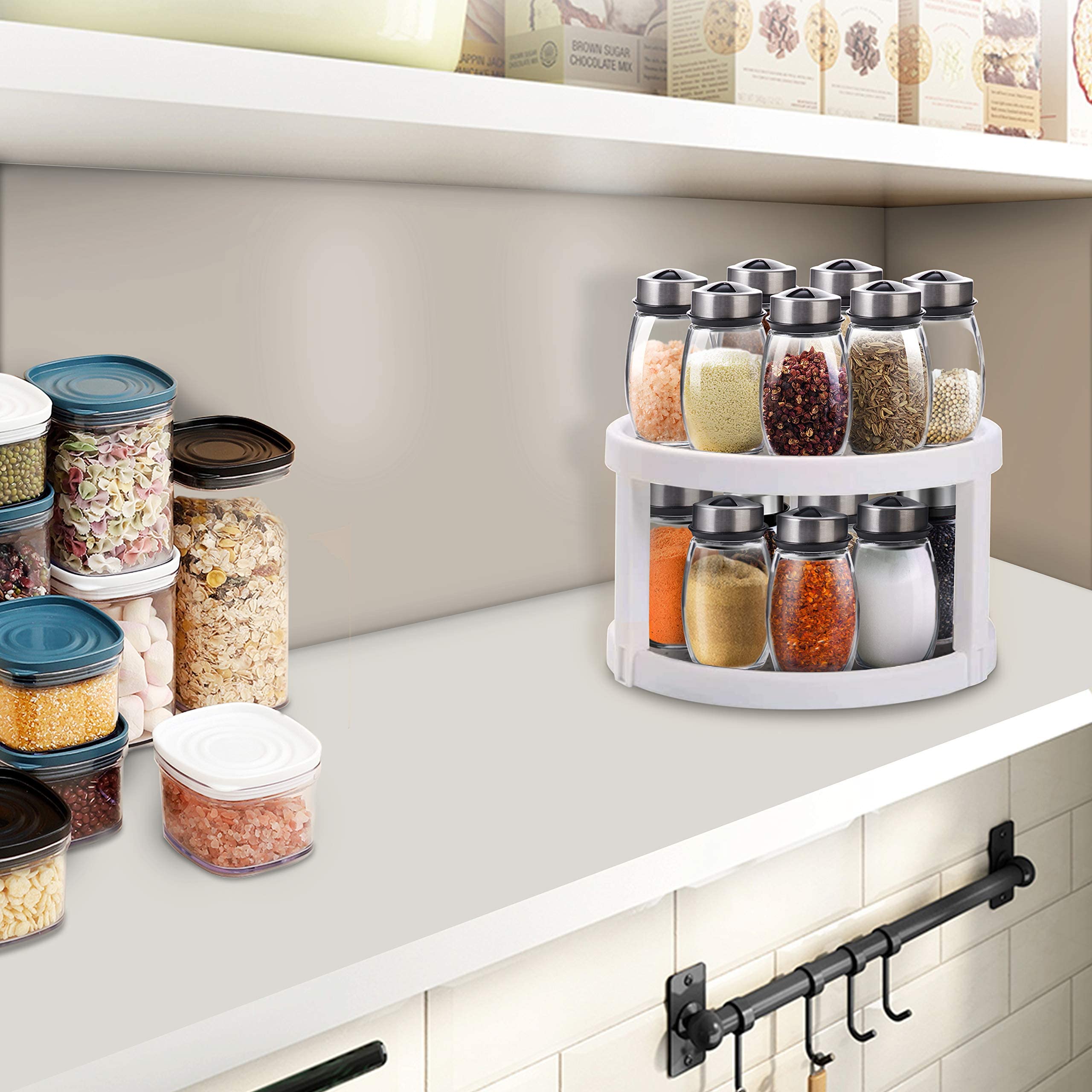 2sets/Pack 2 Tier Non Skid Turntable Lazy Susan 9.8" White Grey Cans Cabinet Organizer For Kitchen Pantry Spice Rack Fridge Holder