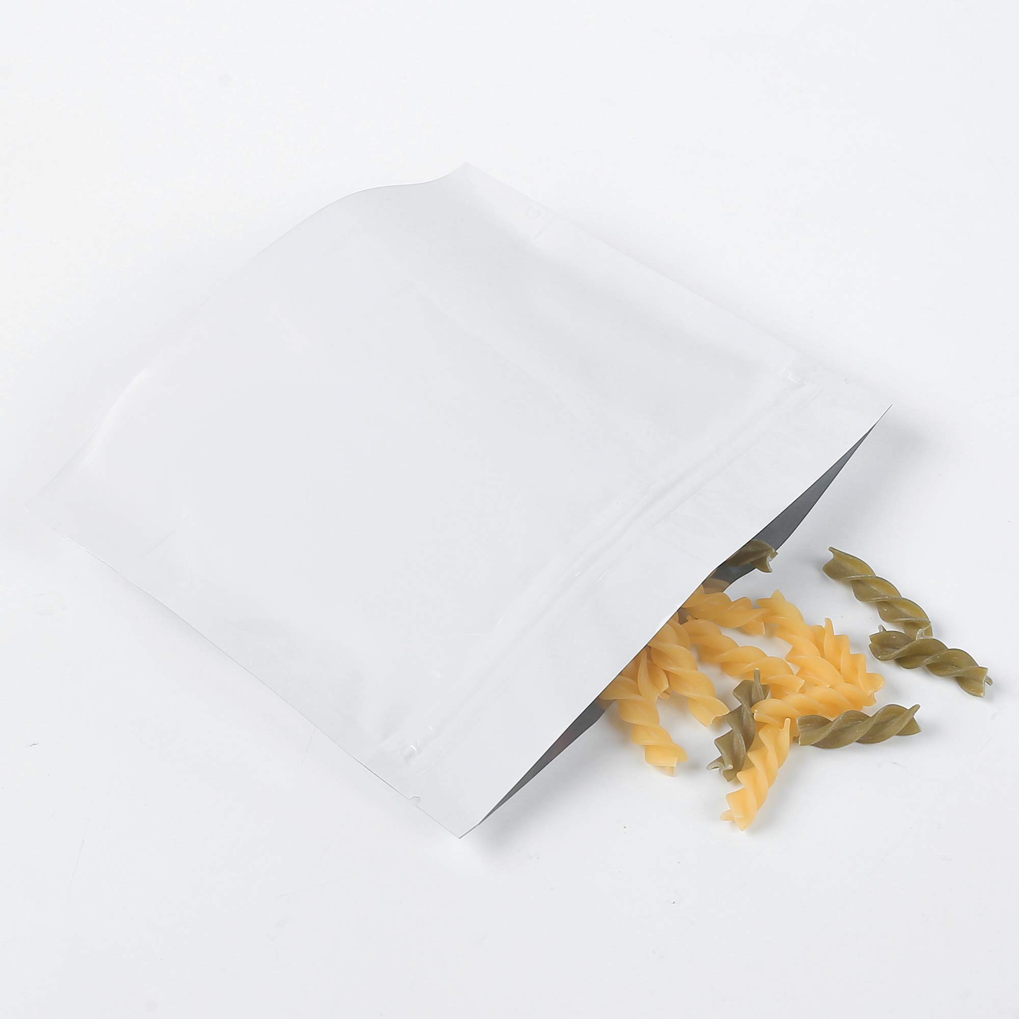 QQ Studio Pack of 100 Double-Sided Glossy Wide Mouth Smell Proof Stand Up Resealable Pouch Bags (Glossy White, 8.25x6.5" (7oz))