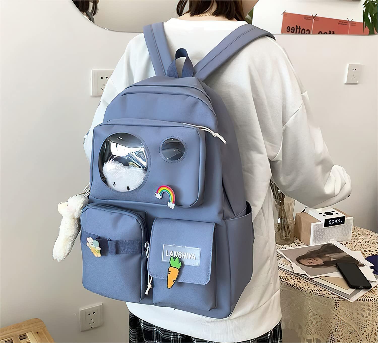 LaurelTree Kawaii Aesthetic Cute 5pcs School Bags Set with Accessories School Suppliers for Teens Girls Backpack Tote Bag (Pink)
