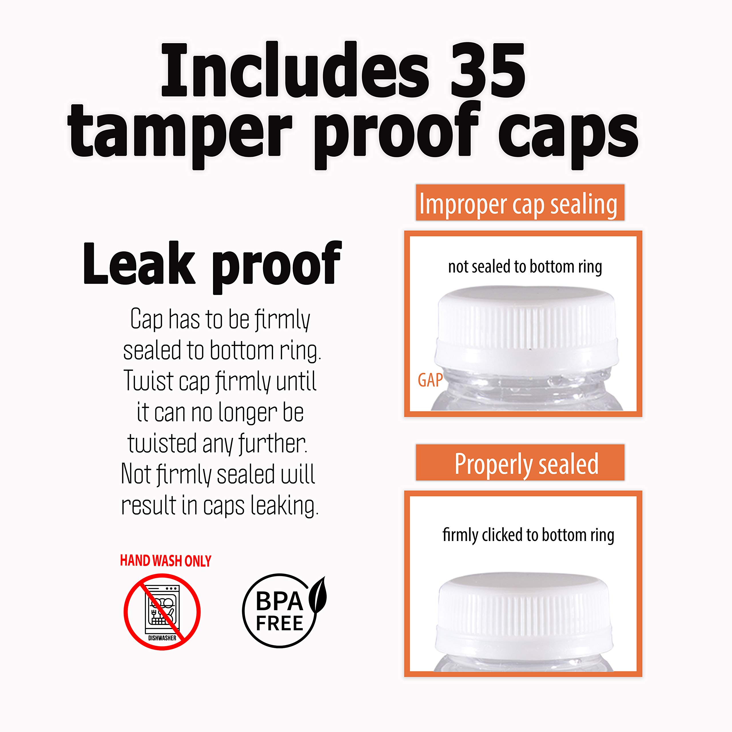 Empty PET Plastic Juice Bottles - Pack of 20 Round Reusable Clear Disposable Milk Bulk Containers with Funnel and Brush and Tamper Evident Caps (White, 4 oz)