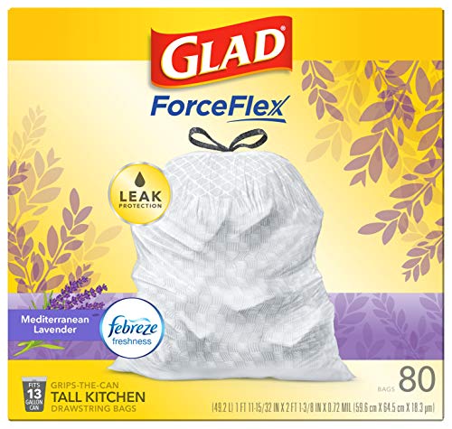 Glad ForceFlex Tall Kitchen Drawstring Trash Bags 13 Gallon White Trash Bag, Mediterranean Lavender scent with Febreze Freshness 80 Count (Package May Vary)