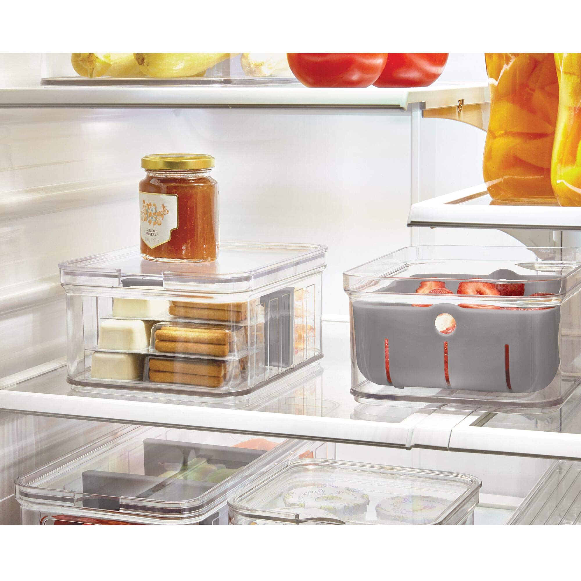 iDesign Plastic Crisp Divided Fruit and Vegetable Storage with Easy to Grip Integrated Handles Designed to Keep Food Fresh Longer, 8.32" x 6.32" x 3.76", 2 Section