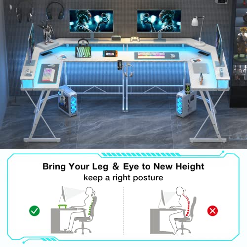 Mr IRONSTONE White Gaming Desk with LED Lights &Power Outlet, L Shaped Computer Corner Desk with Cup Holder & Headphone Hook, Carbon Fiber Home Office Desks with Large Monitor Stand, White, 50''