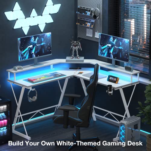 Mr IRONSTONE White Gaming Desk with LED Lights &Power Outlet, L Shaped Computer Corner Desk with Cup Holder & Headphone Hook, Carbon Fiber Home Office Desks with Large Monitor Stand, White, 50''