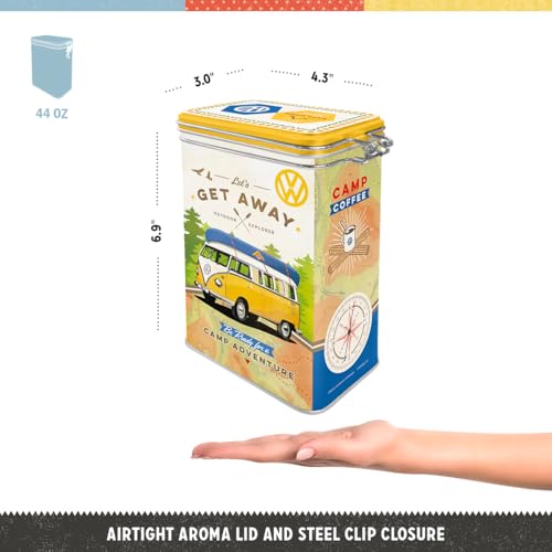 Nostalgic-Art Retro coffee tin box, 44 oz, VW Bulli β Let's Get Away β VW Bus Gift idea, metal clip top can, vintage design