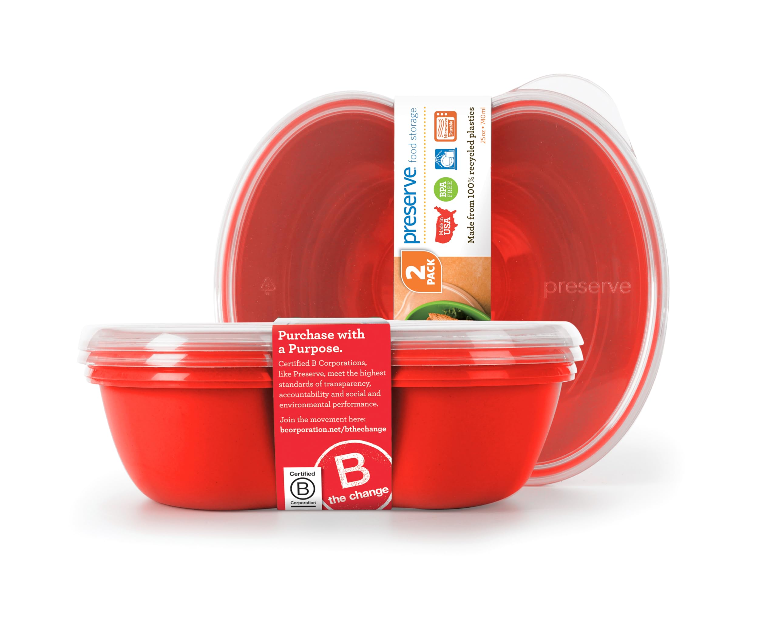 Preserve Food Storage Sandwich Container, Poppy Red, 25 oz., Set of 2