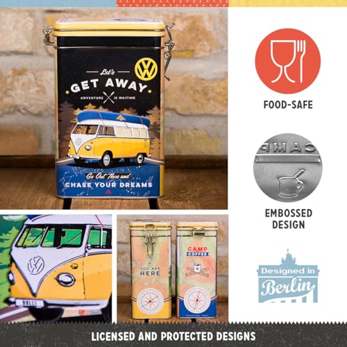 Nostalgic-Art Retro coffee tin box, 44 oz, VW Bulli β Let's Get Away β VW Bus Gift idea, metal clip top can, vintage design