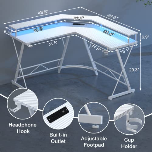 Mr IRONSTONE White Gaming Desk with LED Lights &Power Outlet, L Shaped Computer Corner Desk with Cup Holder & Headphone Hook, Carbon Fiber Home Office Desks with Large Monitor Stand, White, 50''
