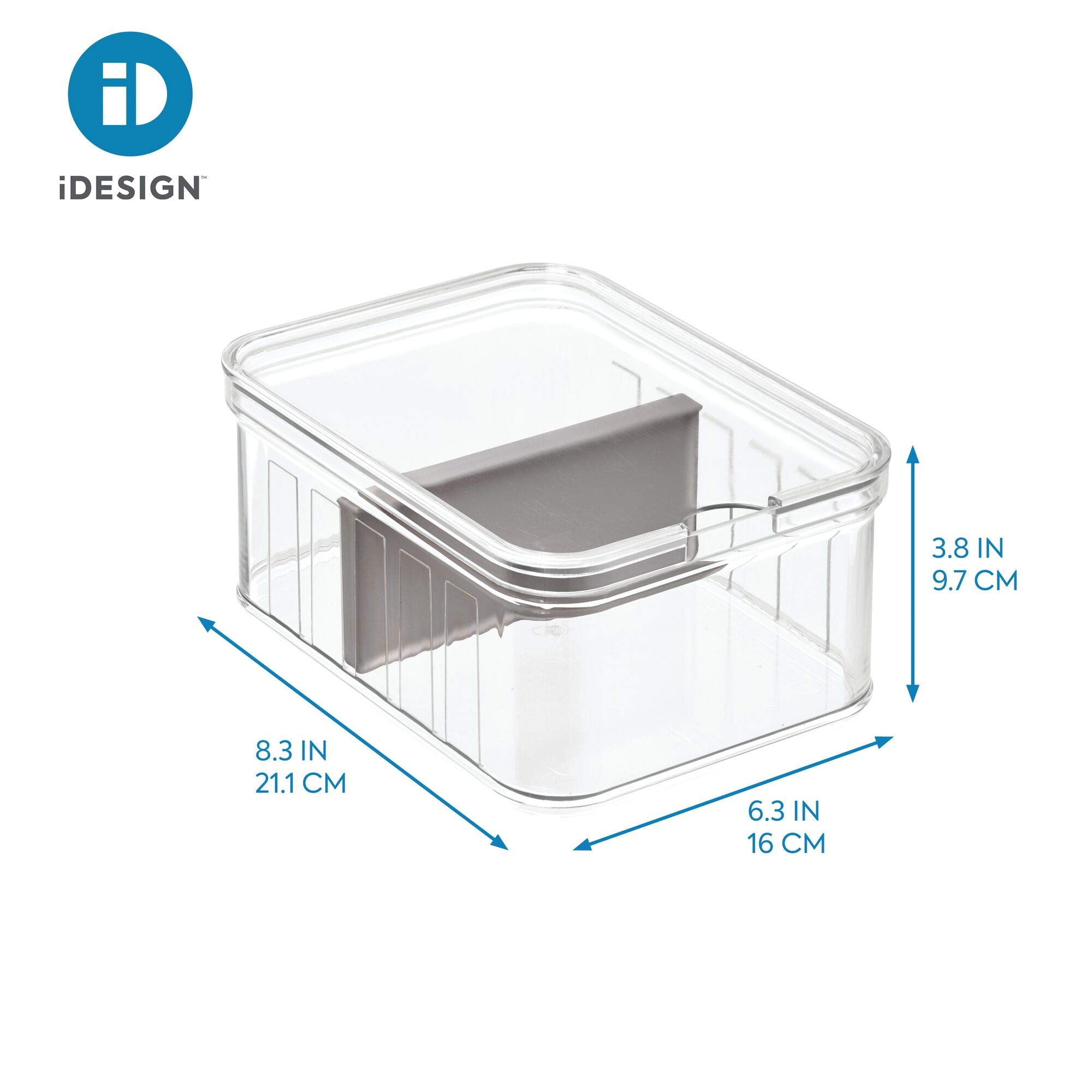 iDesign Plastic Crisp Divided Fruit and Vegetable Storage with Easy to Grip Integrated Handles Designed to Keep Food Fresh Longer, 8.32" x 6.32" x 3.76", 2 Section