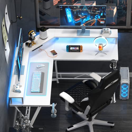 Mr IRONSTONE White Gaming Desk with LED Lights &Power Outlet, L Shaped Computer Corner Desk with Cup Holder & Headphone Hook, Carbon Fiber Home Office Desks with Large Monitor Stand, White, 50''