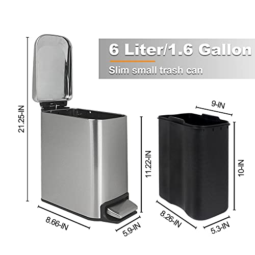 LAISU 6L/1.6Gal Stainless Steel Trash Can with Lid Soft Close, Removable Inner Wastebasket, Slim Small Garbage Can, Step Trash Bin for Bathroom Bedroom Office, Anti-Fingerprint Finish, Silver