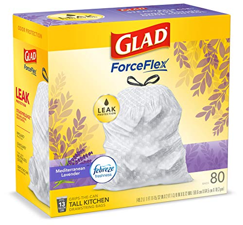 Glad ForceFlex Tall Kitchen Drawstring Trash Bags 13 Gallon White Trash Bag, Mediterranean Lavender scent with Febreze Freshness 80 Count (Package May Vary)