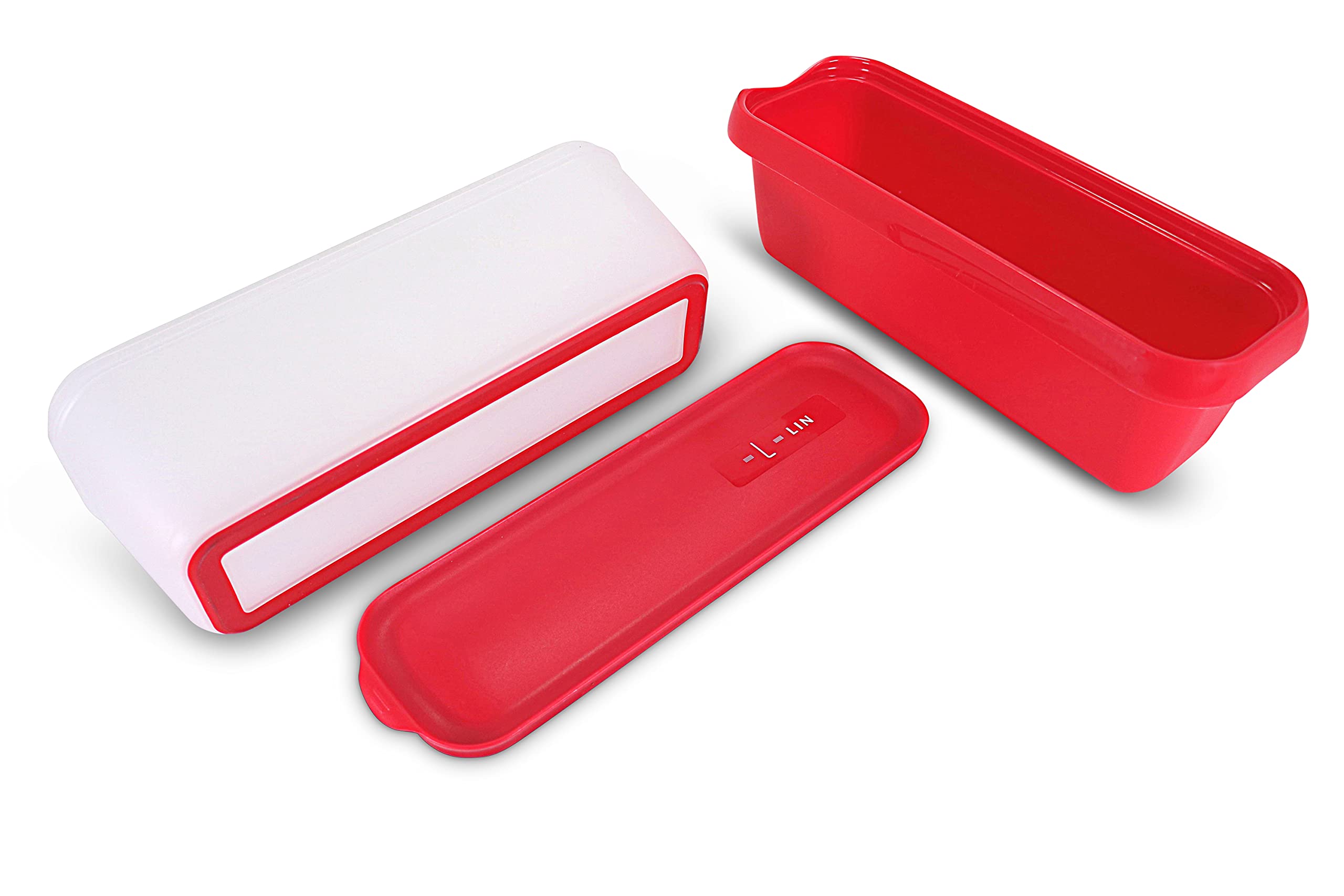 LIN Insulated Ice Cream Containers 2-Pack with Serving Scoop - 1.6 Quart Reusable Rectangle Dessert Storage Tubs for Homemade Ice Cream, 1 Red & 1 White Lid - Non-BPA Plastic - Dishwasher-Safe