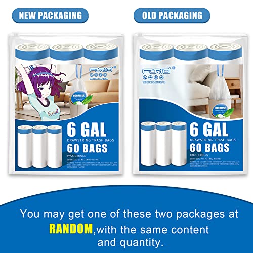 FORID Small Drawstring Garbage Bags - 6 Gallon Plastic Trash Bags Heavy Duty White Trash Can Liners 60 Count Unscented Bin Bags for Kitchen Bathroom Office Home Bedroom 22 Liter