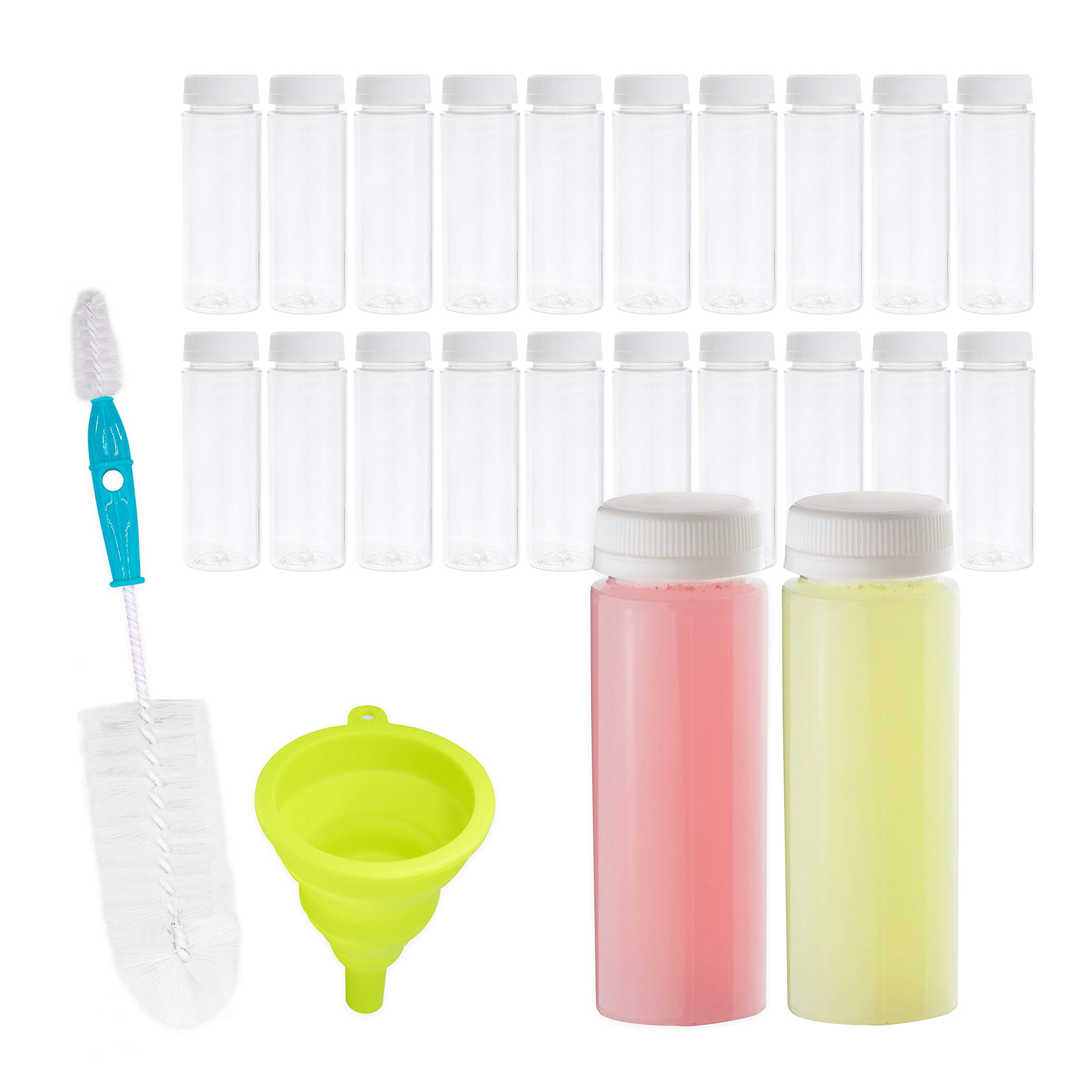 Empty PET Plastic Juice Bottles - Pack of 20 Round Reusable Clear Disposable Milk Bulk Containers with Funnel and Brush and Tamper Evident Caps (White, 4 oz)