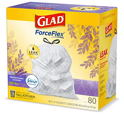 Glad ForceFlex Tall Kitchen Drawstring Trash Bags 13 Gallon White Trash Bag, Mediterranean Lavender scent with Febreze Freshness 80 Count (Package May Vary)