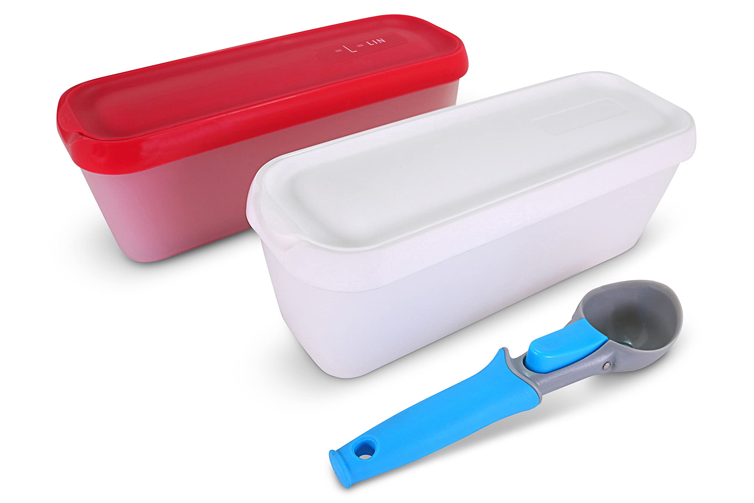 LIN Insulated Ice Cream Containers 2-Pack with Serving Scoop - 1.6 Quart Reusable Rectangle Dessert Storage Tubs for Homemade Ice Cream, 1 Red & 1 White Lid - Non-BPA Plastic - Dishwasher-Safe