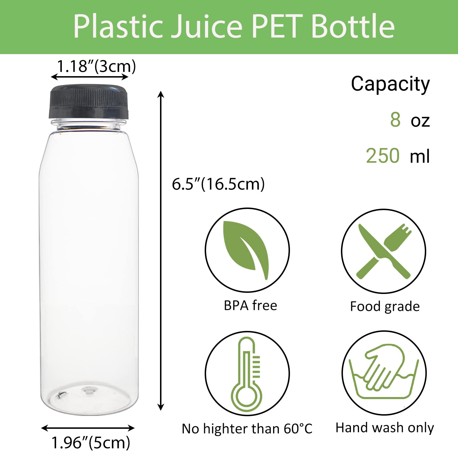 zmybcpack 24 Pack 8oz (250 ml) Clear PET Plastic Juice Bottles with Caps - Bulk Beverage Containers with Tamper Evident Lids- Plastic Smoothie Bottles for Juice, Milk, Homemade Beverage