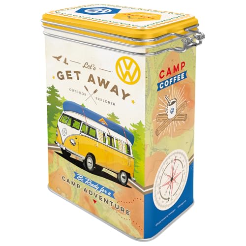 Nostalgic-Art Retro coffee tin box, 44 oz, VW Bulli – Let's Get Away – VW Bus Gift idea, metal clip top can, vintage design