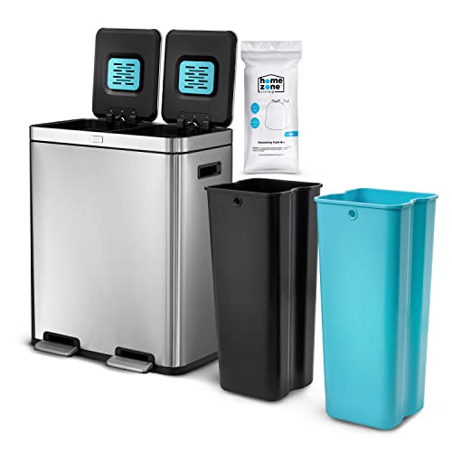 Home Zone Living 16 Gallon Dual Trash Can for Recycling and Trash with CleanAura Odor Control, 60 Liter Total Capacity, Silver