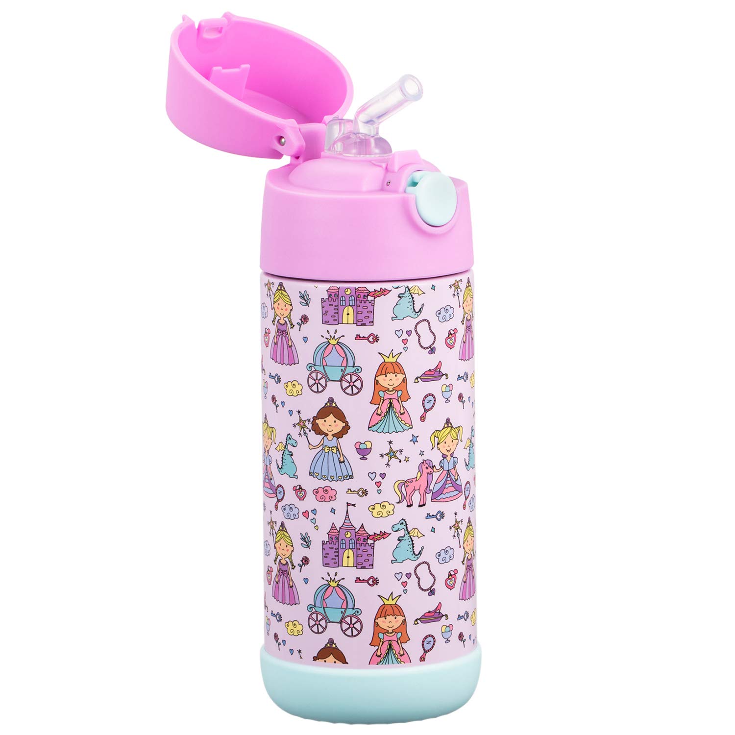 Snug Kids Water Bottle - insulated stainless steel thermos with straw (Girls/Boys) - Princess, 12oz