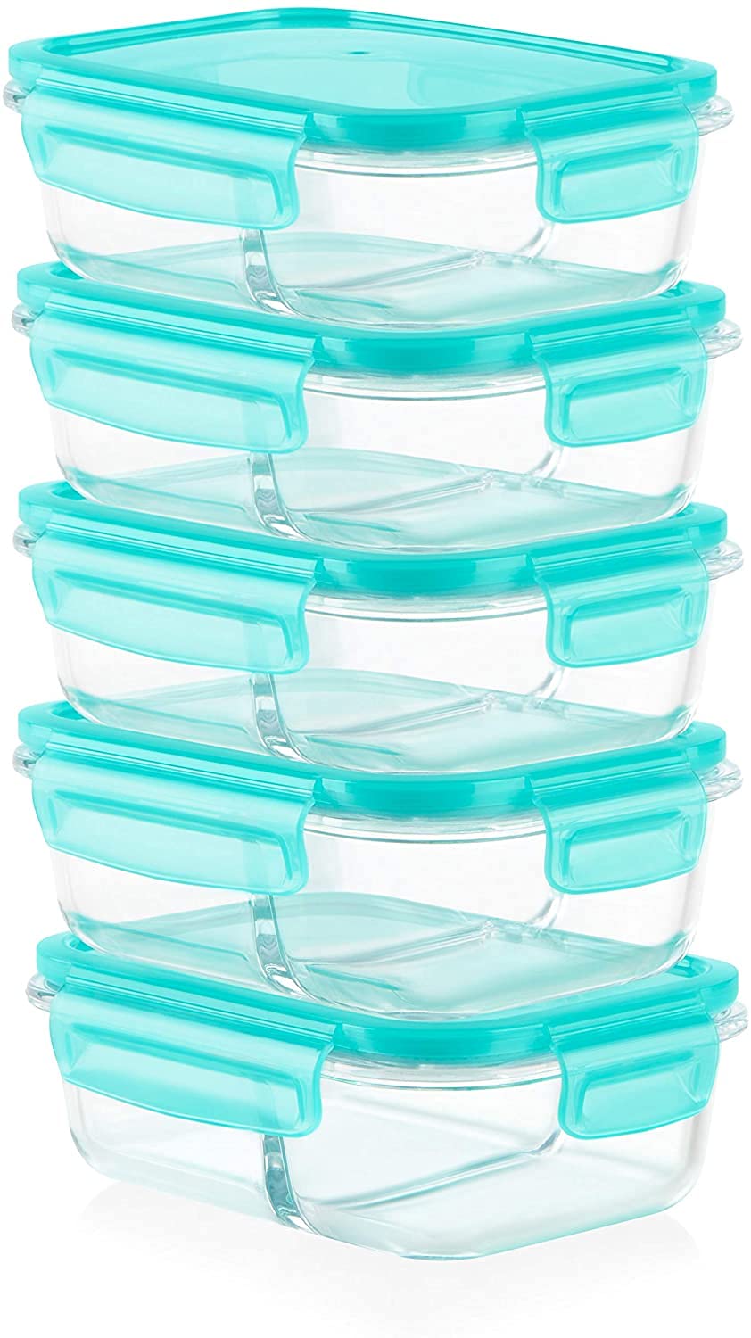 Pyrex Mealbox 10-Pc Bento Box Set, 2.3-Cup Divided Glass Food Storage Containers Set, Non-Toxic, BPA-Free Latching Lids, Freezer, Microwave and Top-Rack Dishwasher Safe, Compartment Bento Lunch Box