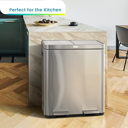Home Zone Living 16 Gallon Dual Trash Can for Recycling and Trash with CleanAura Odor Control, 60 Liter Total Capacity, Silver