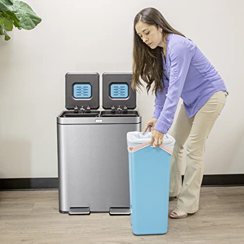 Home Zone Living 16 Gallon Dual Trash Can for Recycling and Trash with CleanAura Odor Control, 60 Liter Total Capacity, Silver