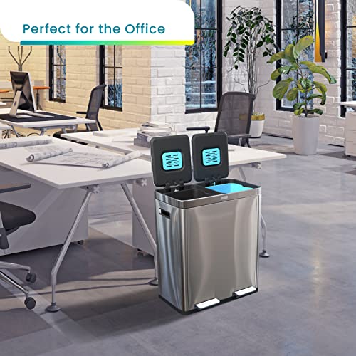 Home Zone Living 16 Gallon Dual Trash Can for Recycling and Trash with CleanAura Odor Control, 60 Liter Total Capacity, Silver