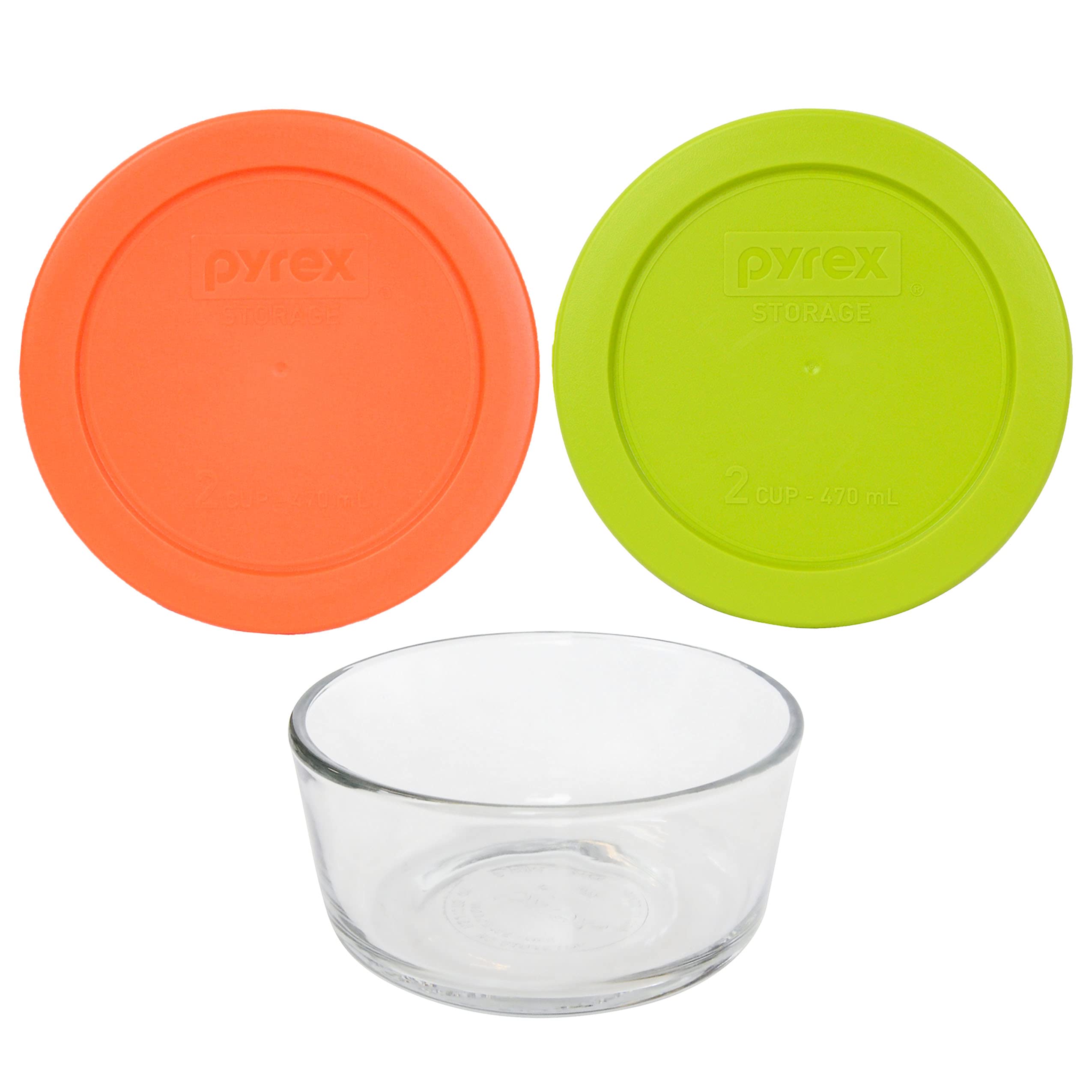Pyrex (1) 7200 Glass Bowl & (1) 7200-PC Orange Lid & (1) 7200-PC Edamame Green Lid Made in the USA