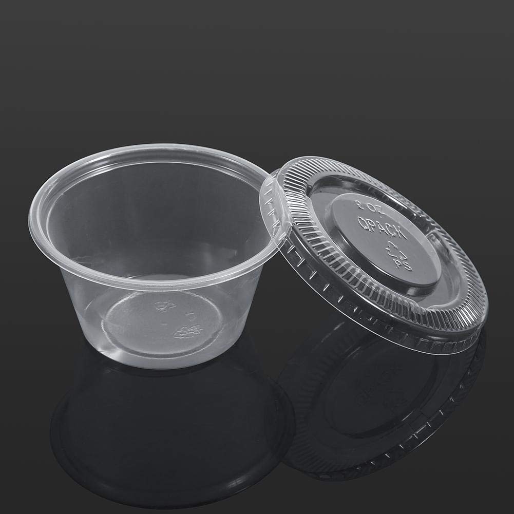 Hongzer Food Service Disposable Cups, 50Pcs Disposable Plastic Clear Sauce Chutney Cups Boxes With Lid Take Out Containers(2oz)