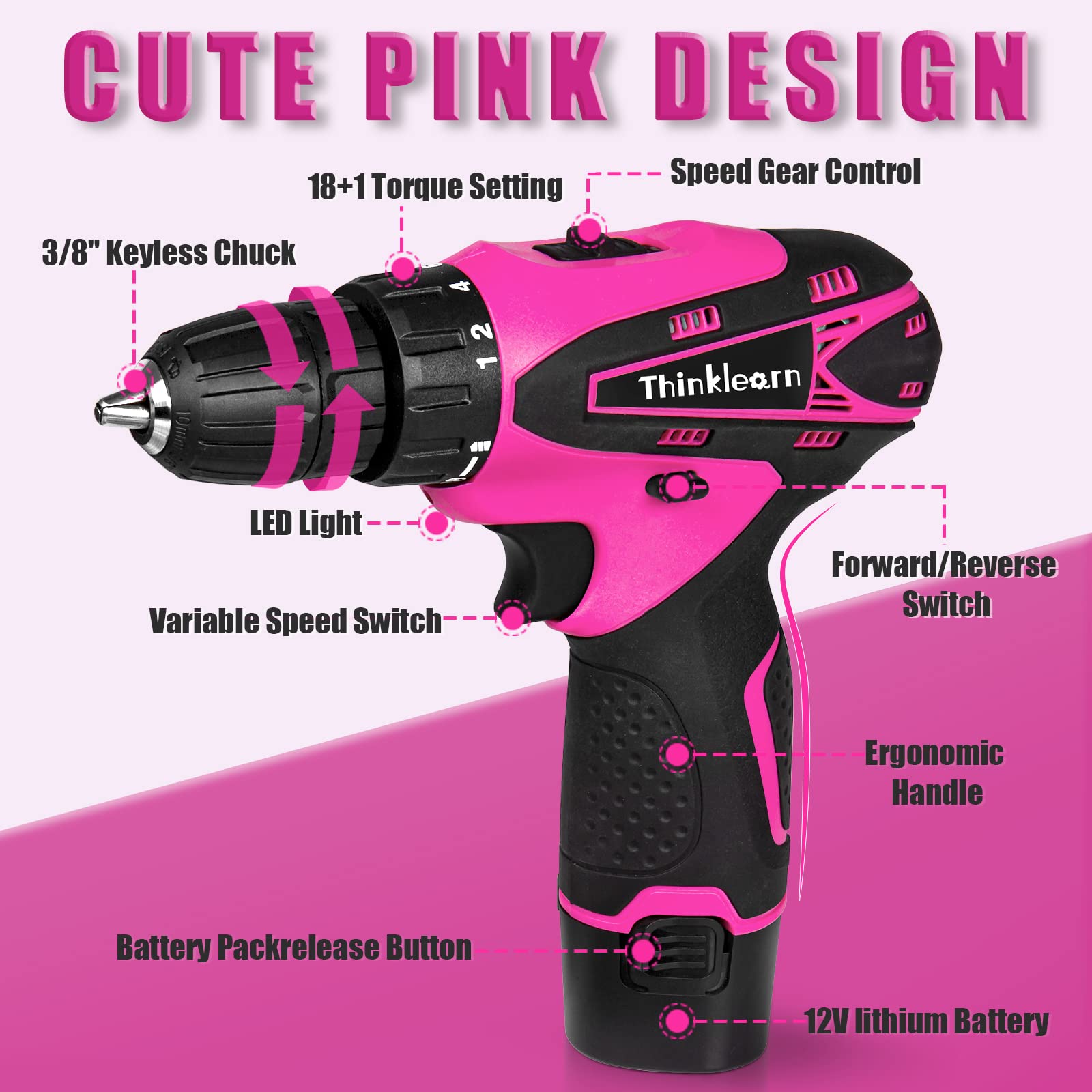 Pink Drill Set for Women, 137 Piece Hand and Power Tool Set with 12V Cordless Drill, Home Tool Kit for DIY, Necessities for Daily Decoration and Maintenance, As a Creative Gift for Ladies