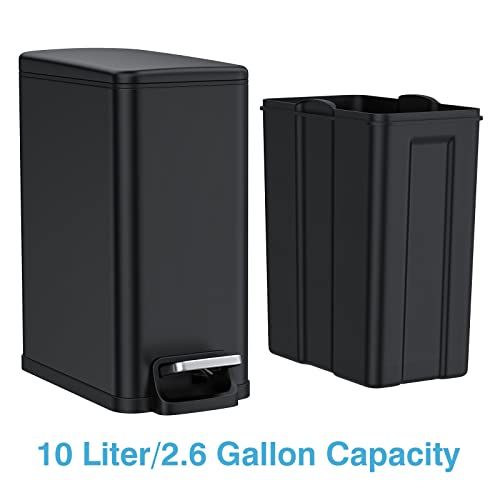 BETHEBEST 2.6 Gallon Small Trash Can with Removable Wastebasket,Step Trash Can with Soft Close Lid, Rectangular Trash Bin for Bathroom,Bedroom,Office (Black)