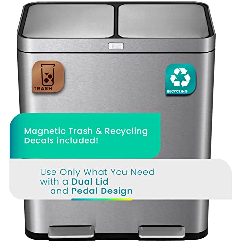 Home Zone Living 16 Gallon Dual Trash Can for Recycling and Trash with CleanAura Odor Control, 60 Liter Total Capacity, Silver