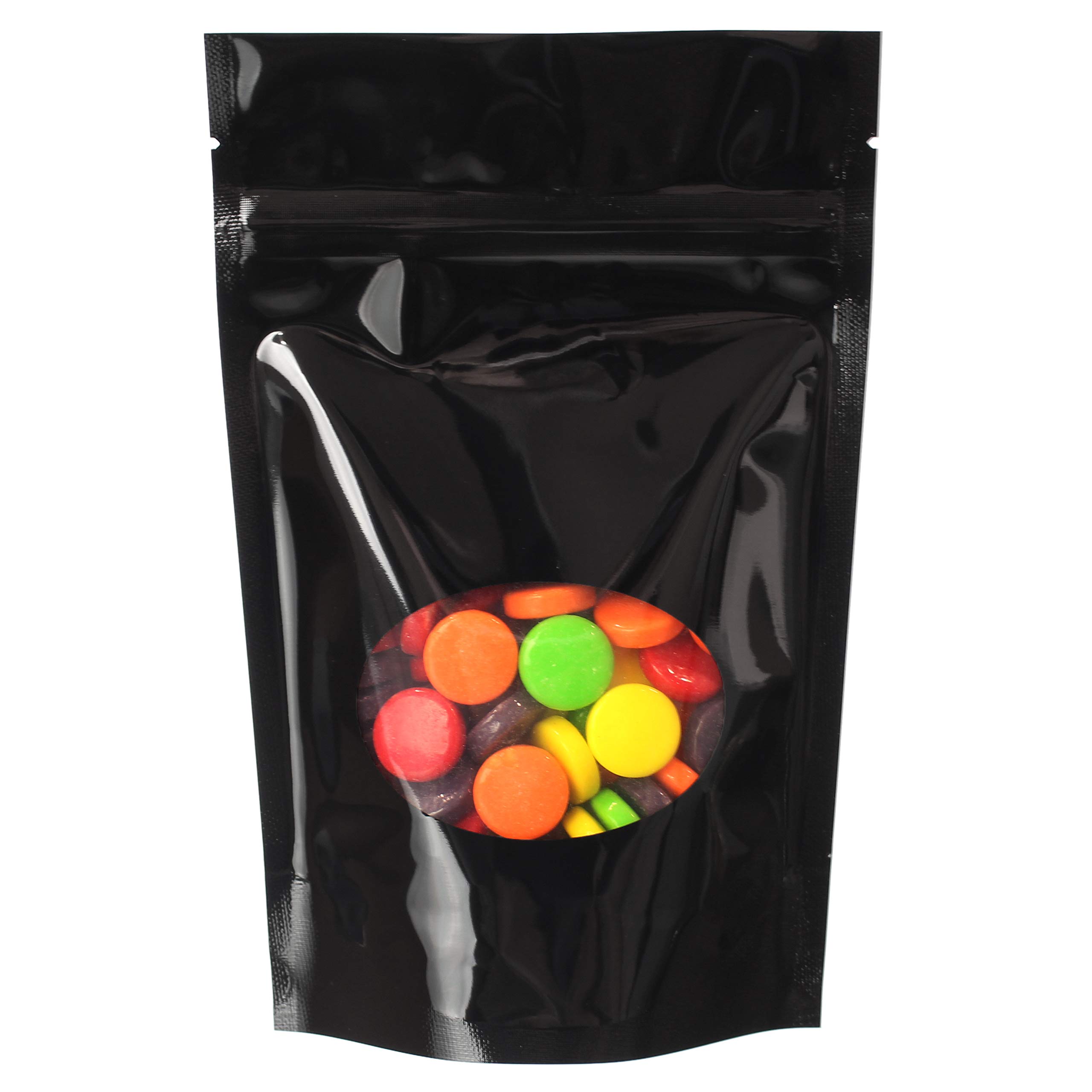 CleverDelights Glossy Black Window Stand Up Pouches - 4oz - 100 Pack - 5" x 8" x 2.5" - Resealable Bag