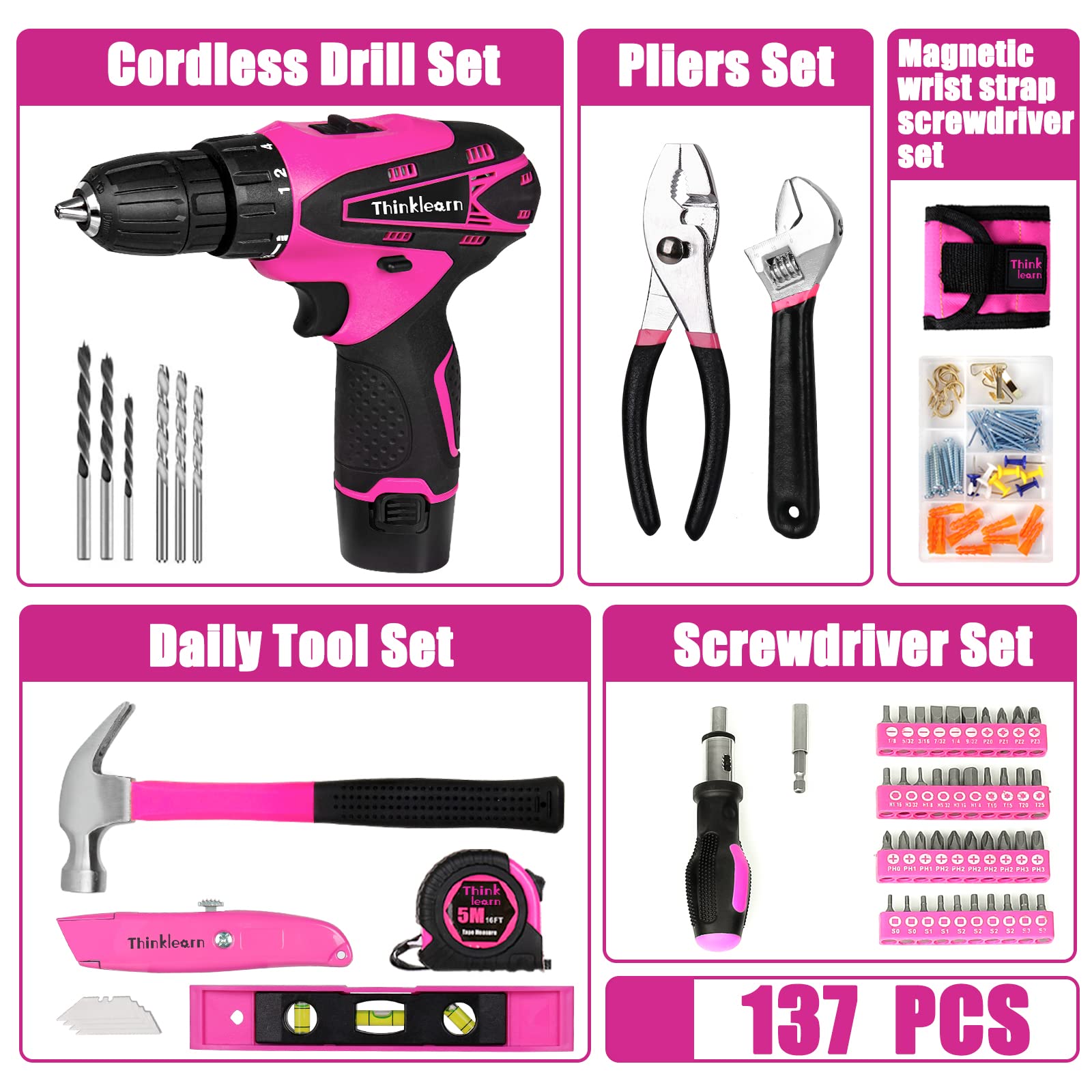 Pink Drill Set for Women, 137 Piece Hand and Power Tool Set with 12V Cordless Drill, Home Tool Kit for DIY, Necessities for Daily Decoration and Maintenance, As a Creative Gift for Ladies