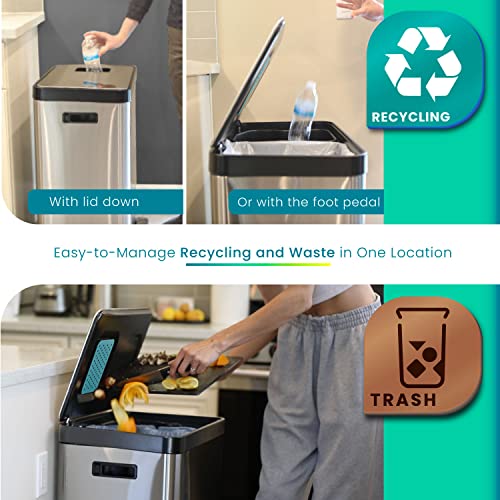 Home Zone Living 16 Gallon Dual Trash Can for Recycling and Trash with CleanAura Odor Control, 60 Liter Total Capacity, Silver