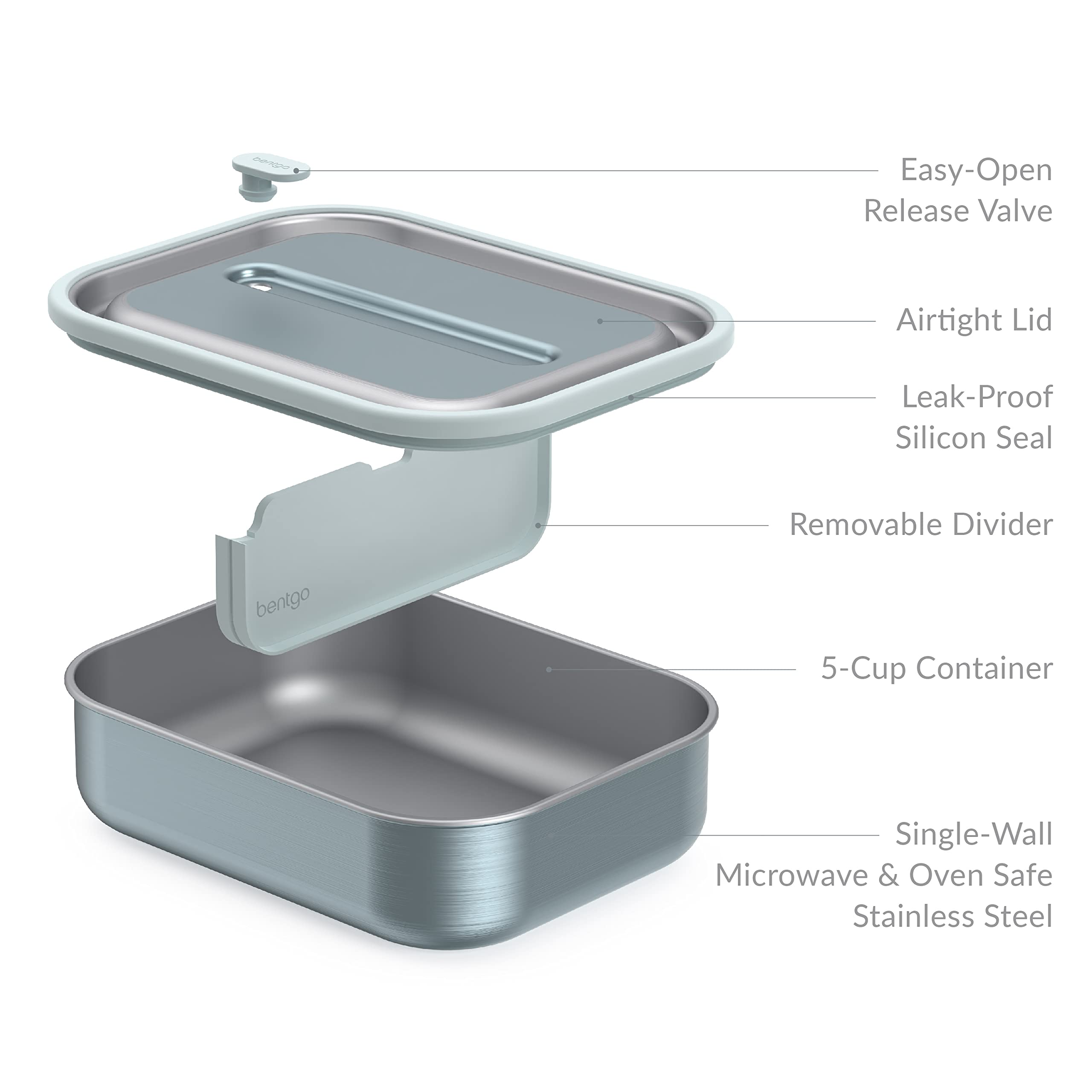 Bentgo MicroSteel Leak-Proof Lunch Box - Microwave-Safe, Oven-Safe, Bento-Style Container with Removable Divider, Airtight Lid, Sustainable Design, Odor & Stain Resistant (Aqua)