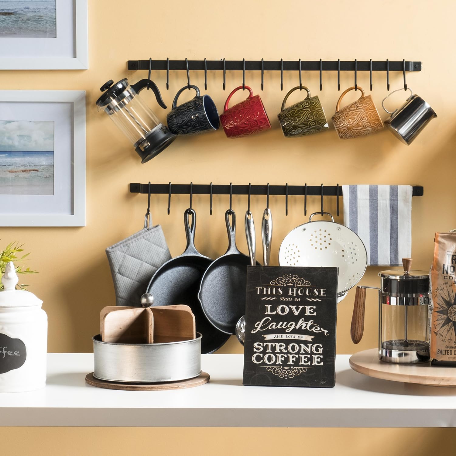 Wallniture Casto 30" Gourmet Kitchen Rail with 15 S Hooks for Hanging Kitchen Utensils Set and Cookware, Iron, Frosty Black