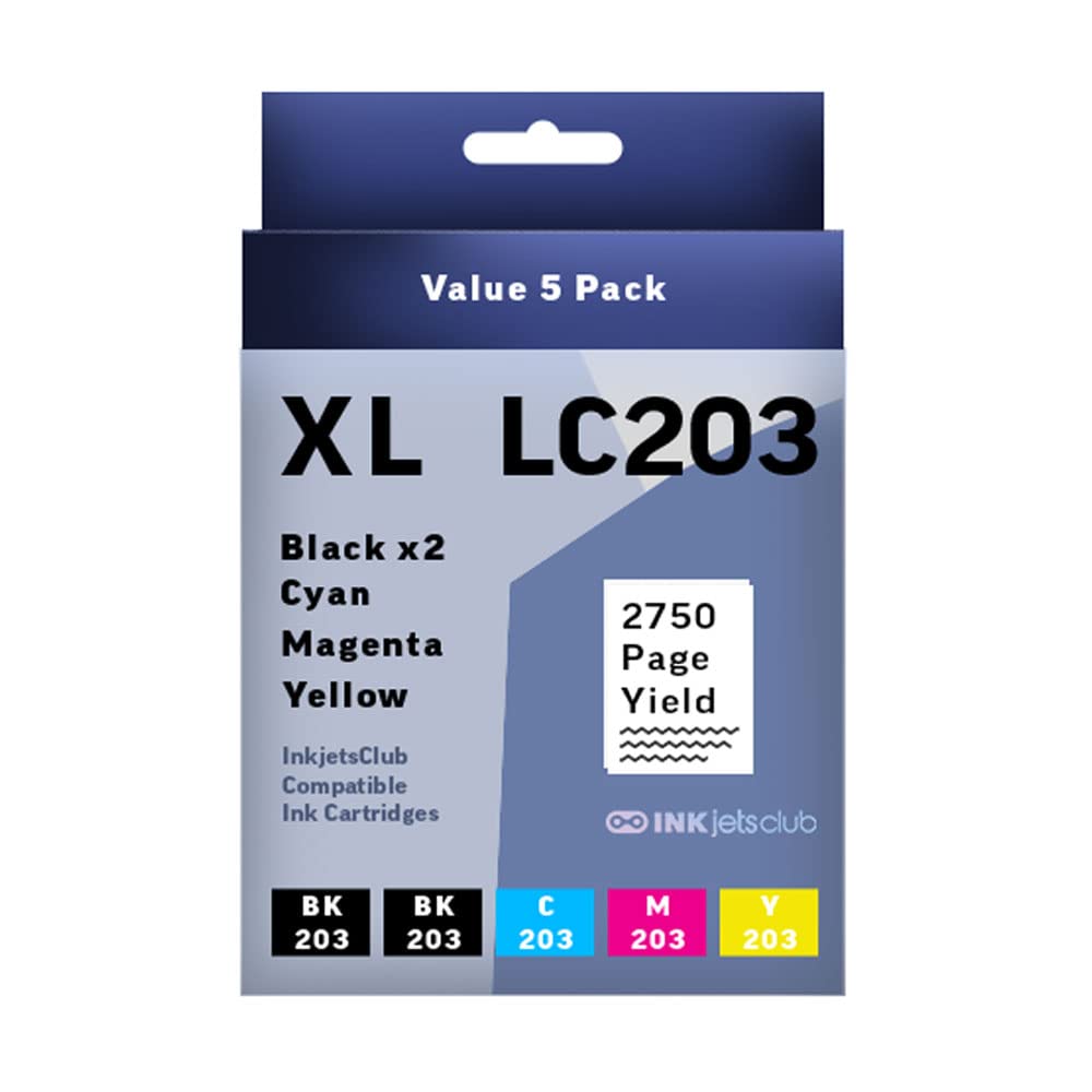 INKjetsclub Brother LC203 High Yield Ink Cartridge Ink Cartridge Replacement 5 Pack Value Pack. Includes 2 Black, 1 Cyan, 1 Magenta and 1 Yellow Compatible Ink Cartridges