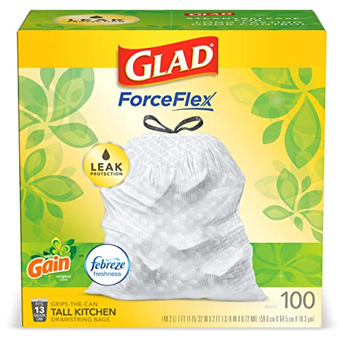 GLAD ForceFlex Tall Drawstring Trash Bags, 13 Gallon White Trash Bags for Tall Kitchen Trash Can, Gain Original Scent to Eliminate Odors, 100 Count - Packaging May Vary