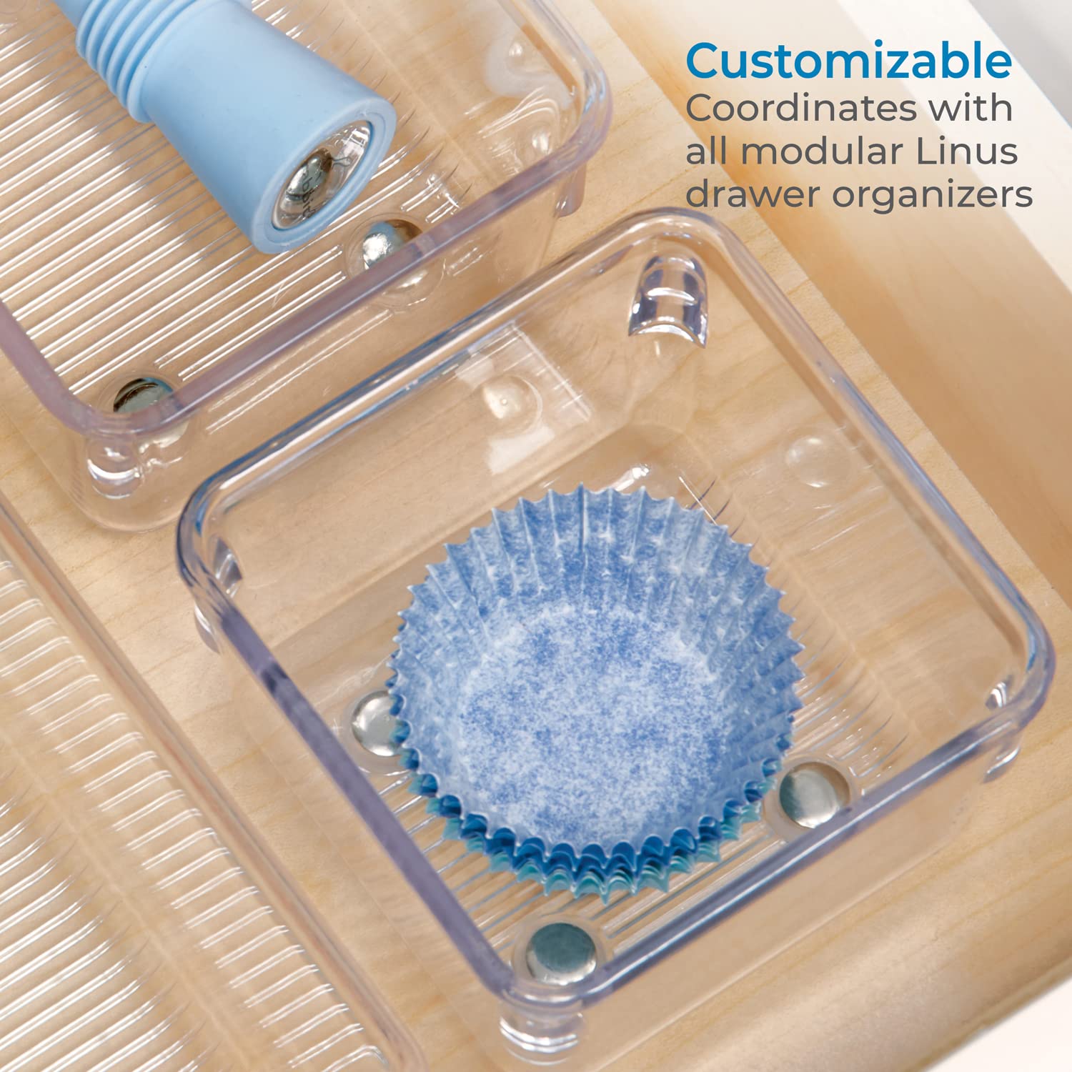 iDesign Linus Plastic Kitchen Drawer Organizer for Silverware, Spatulas, Cutlery, Gadgets, Office Supplies, Cosmetics, 4" x 4" x 3", Set of 2, Clear
