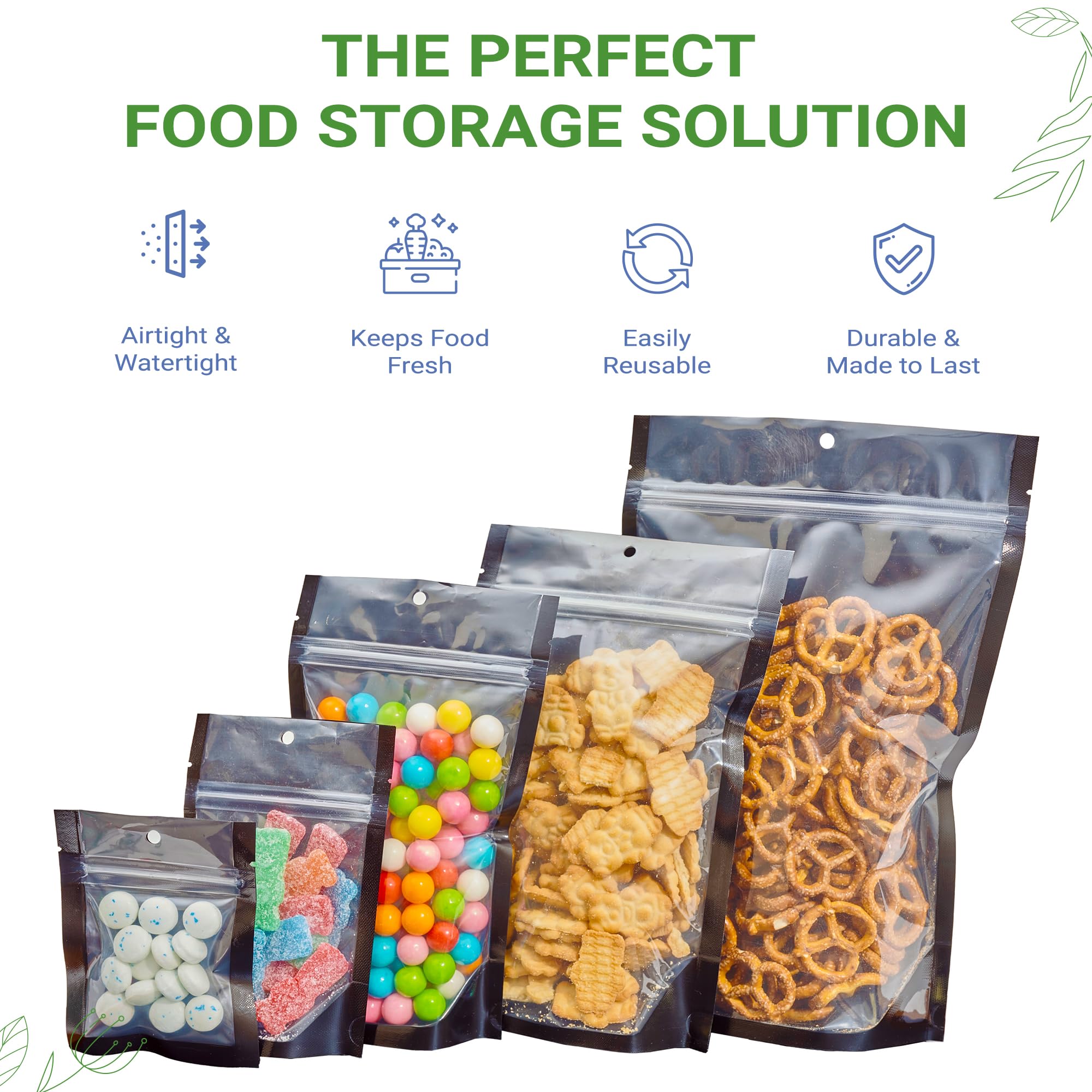 100 Pack 5"x8" Mylar Clear/Black Nylon Resealable Stand Up Bags Heat Seal Zipper Lock Reusable Storage Pouches for Zip Food Storage Lock Packaging with Tear Notches