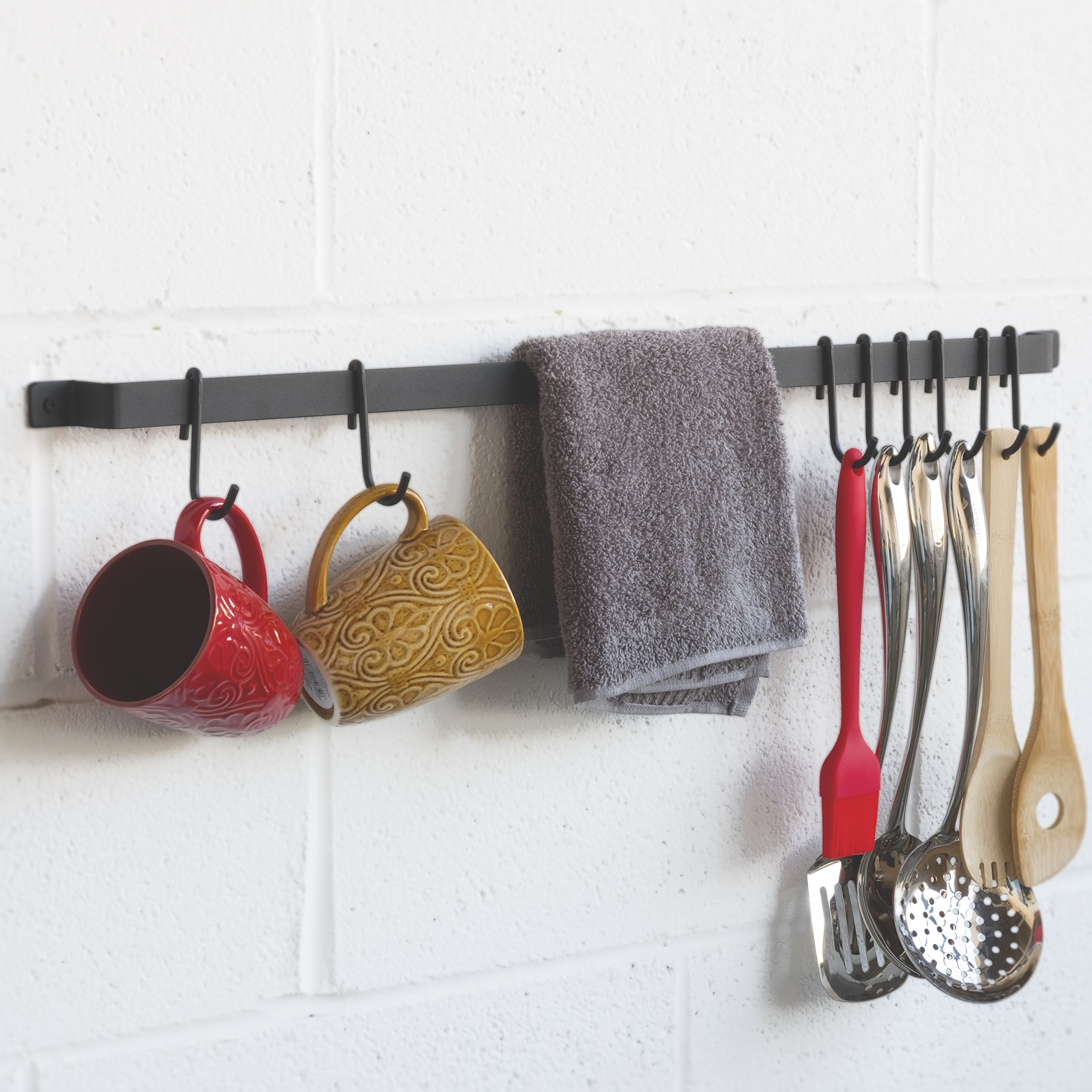 Wallniture Casto 30" Gourmet Kitchen Rail with 15 S Hooks for Hanging Kitchen Utensils Set and Cookware, Iron, Frosty Black