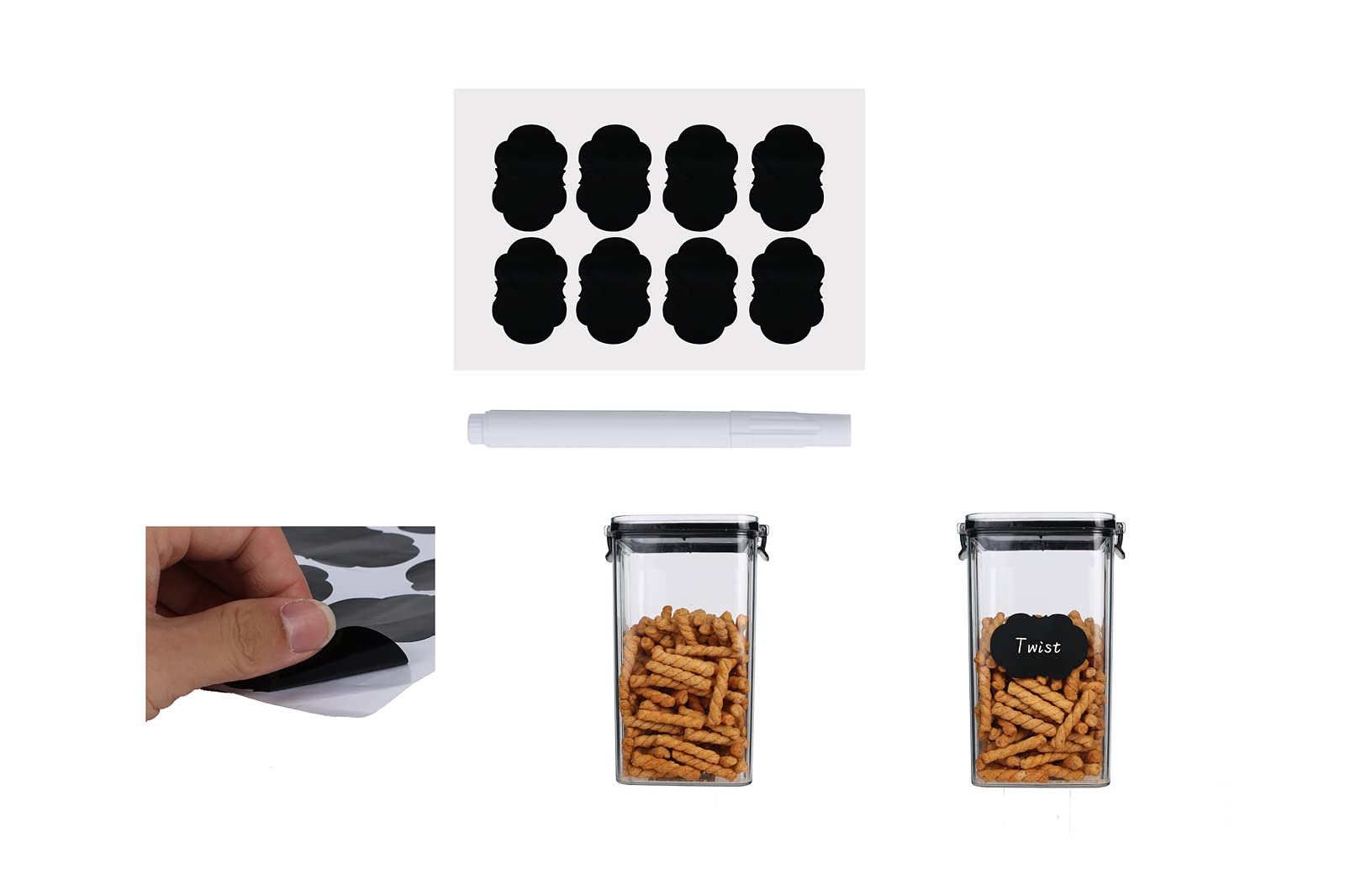 Airtight Food Storage Containers Set with Lids, 6pcs BPA Free Plastic Dry Food Canisters for Kitchen Pantry Organization and Storage, Dishwasher Safe,Include 8 Labels, Black & Marker Pen