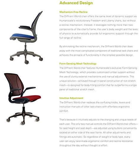 Humanscale Diffrient World Task Chair | Black Pinstrip Mesh Seat and Back | Black Frame, Black Trim | Height-Adjustable Duron Arms | Standard Foam Seat, 3" Carpet Casters, 5" Cylinder