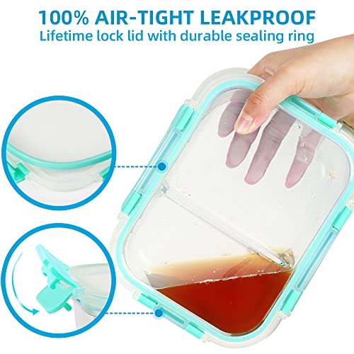 DAS TRUST 3 Pack Food Storage Containers 2 Compartments Glass Meal Prep Containers with Lids for Adult Food Prep Container with Dividers Reusable Lunch Bento Box