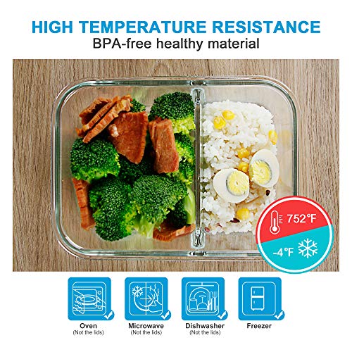 DAS TRUST 3 Pack Food Storage Containers 2 Compartments Glass Meal Prep Containers with Lids for Adult Food Prep Container with Dividers Reusable Lunch Bento Box